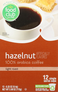 Food Club 100% Arabica Light Roast Hazelnut Coffee 12 Single Serve Cups ...